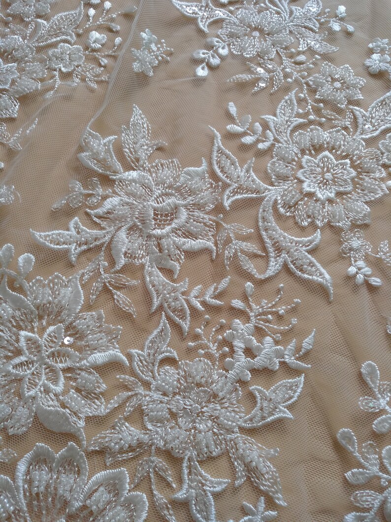 Luxurious Beaded lace fabric with sequins heavy beading flower | Etsy