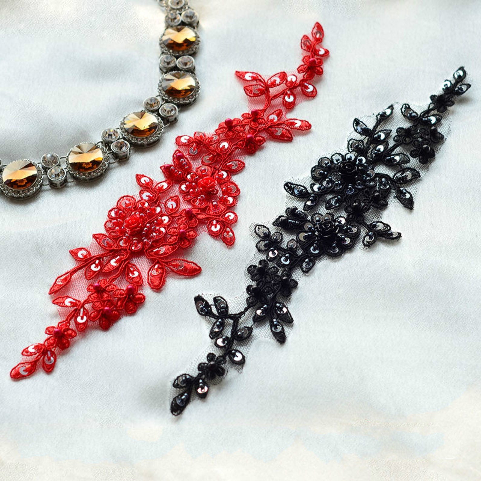 Red and Black Lace Applique 3d Beaded Lace Applique Flower | Etsy