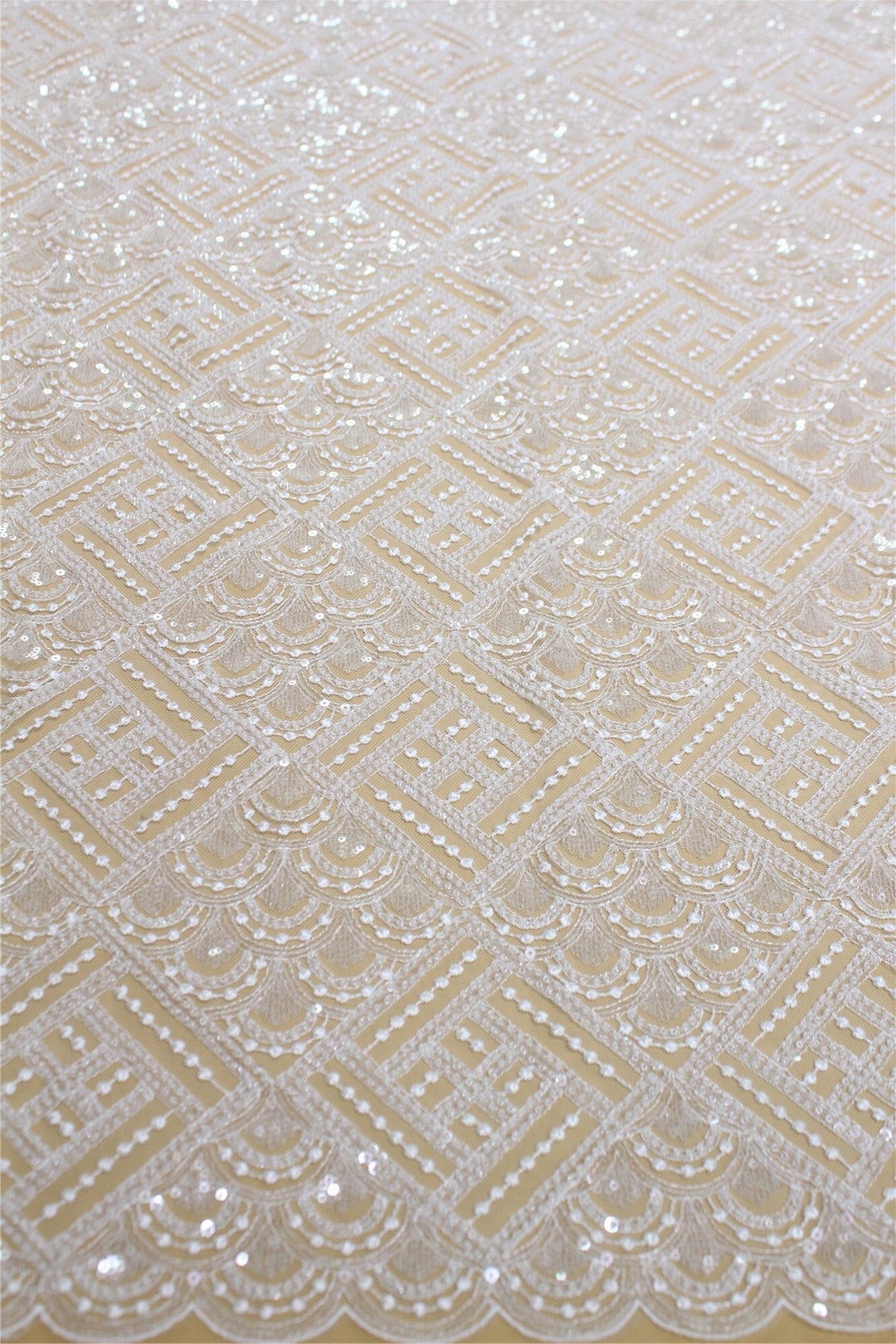 Elegant Beaded Sequin Lace Fabric, Bridal Dress Lace Fabric, Tulle Lace ...