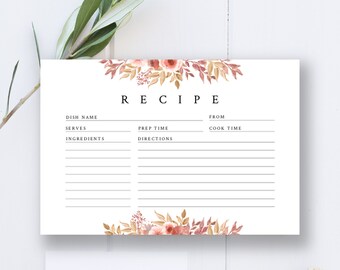 Recipe Card Watercolor Flower 4x6 Editable Instant | Etsy