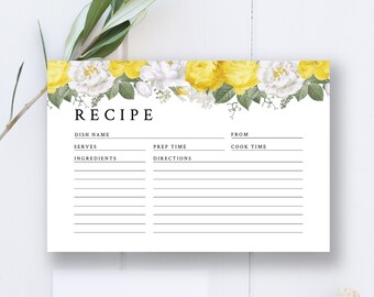 Recipe Card Watercolour Flower 4x6 Editable Instant | Etsy