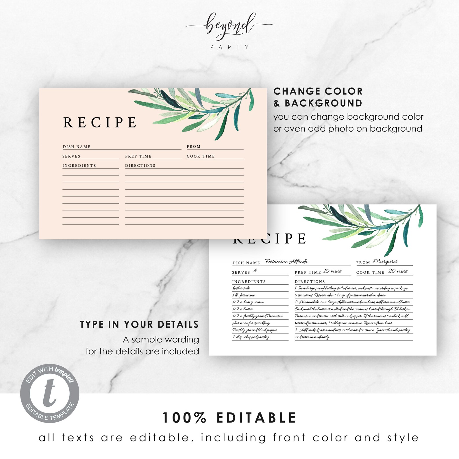 Recipe Card Green Leaves 4x6 Editable Instant Download - Etsy