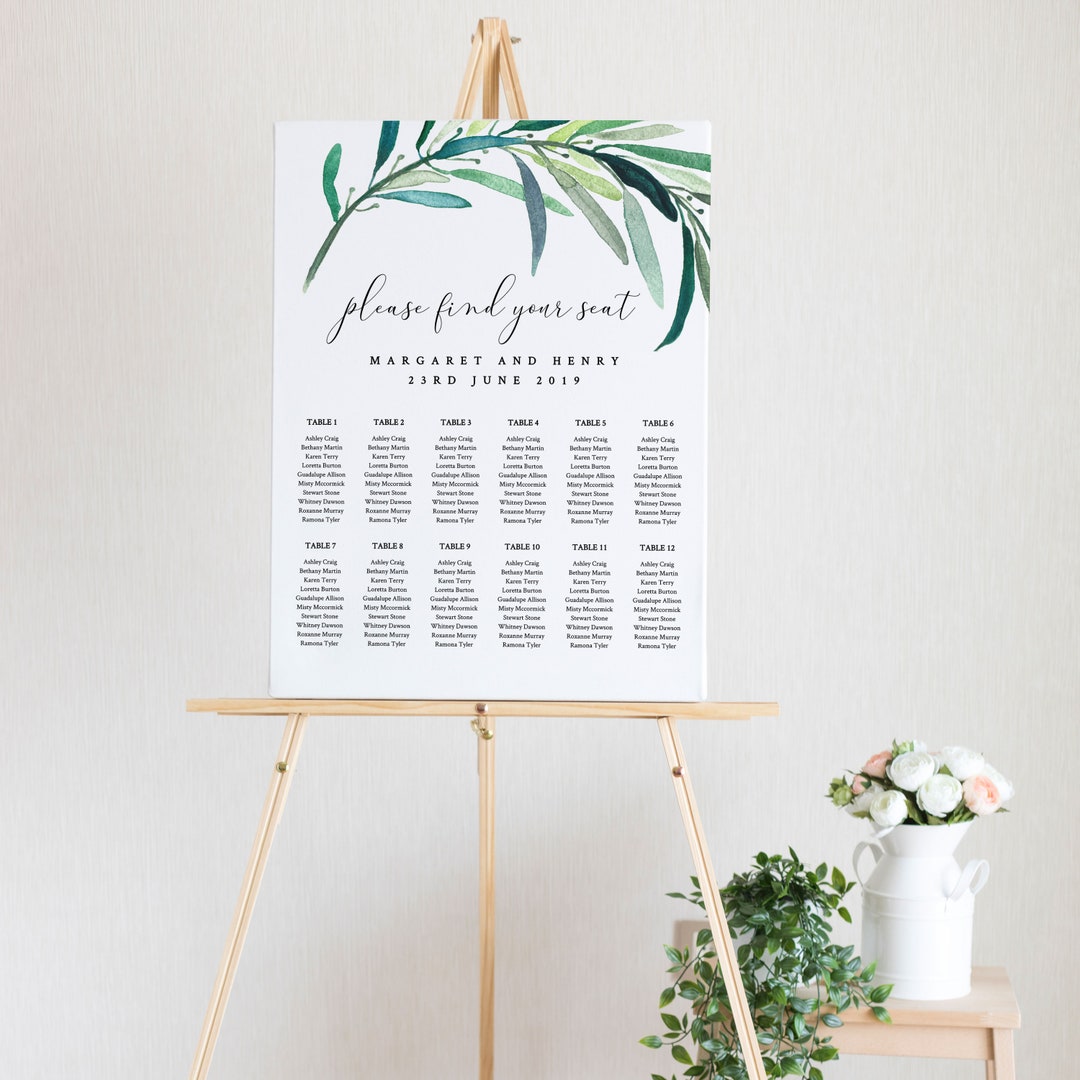 Seating Chart | Wedding | Green Leaves | 8x10, 18x24 and 24x36 ...