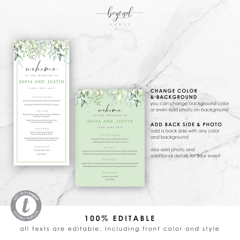 Menu Green Leaves 5x7 4x9 Printable Editable Instant Download Template ...