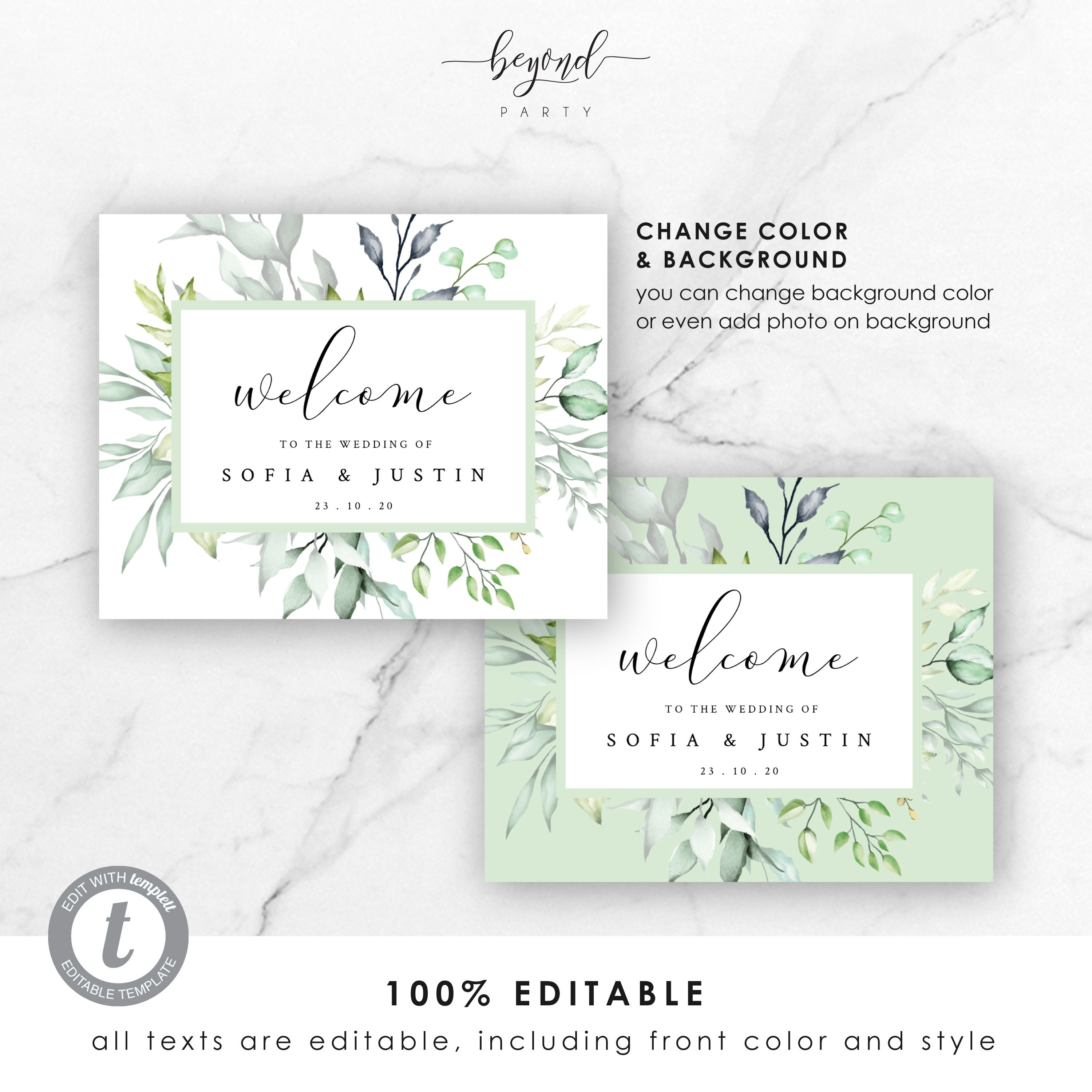 Welcome Sign Wedding Green Leaves 8x10, 18x24 and 24x36 Editable ...