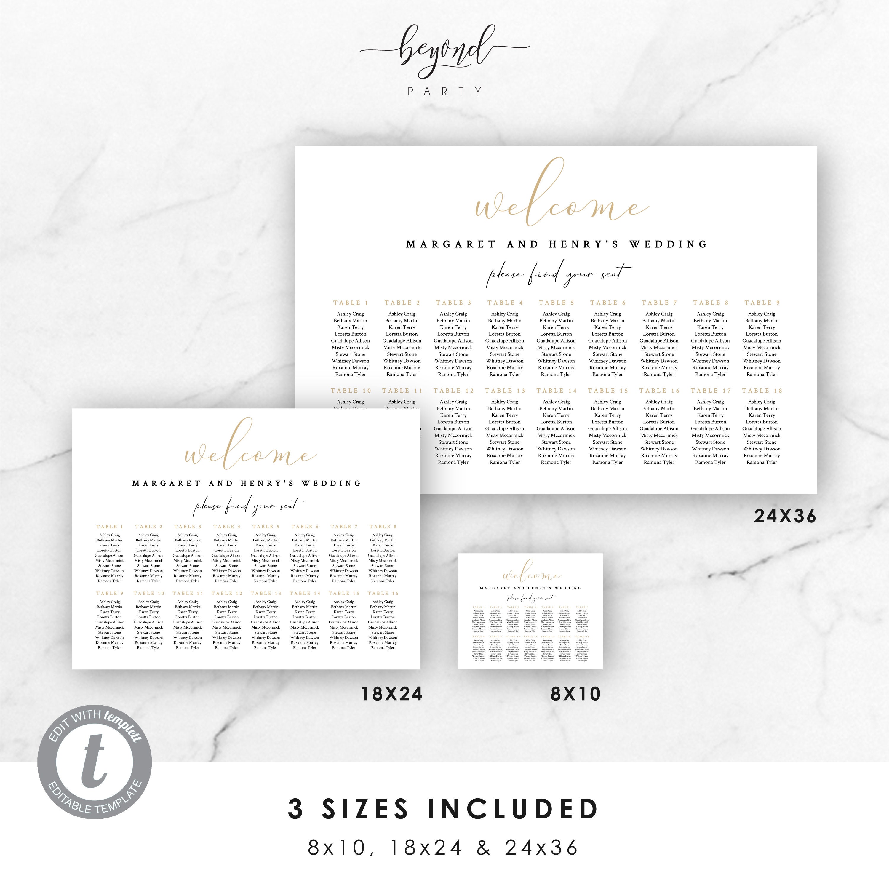 Seating Chart Wedding Black and White 8x10, 18x24 and 24x36 Editable ...