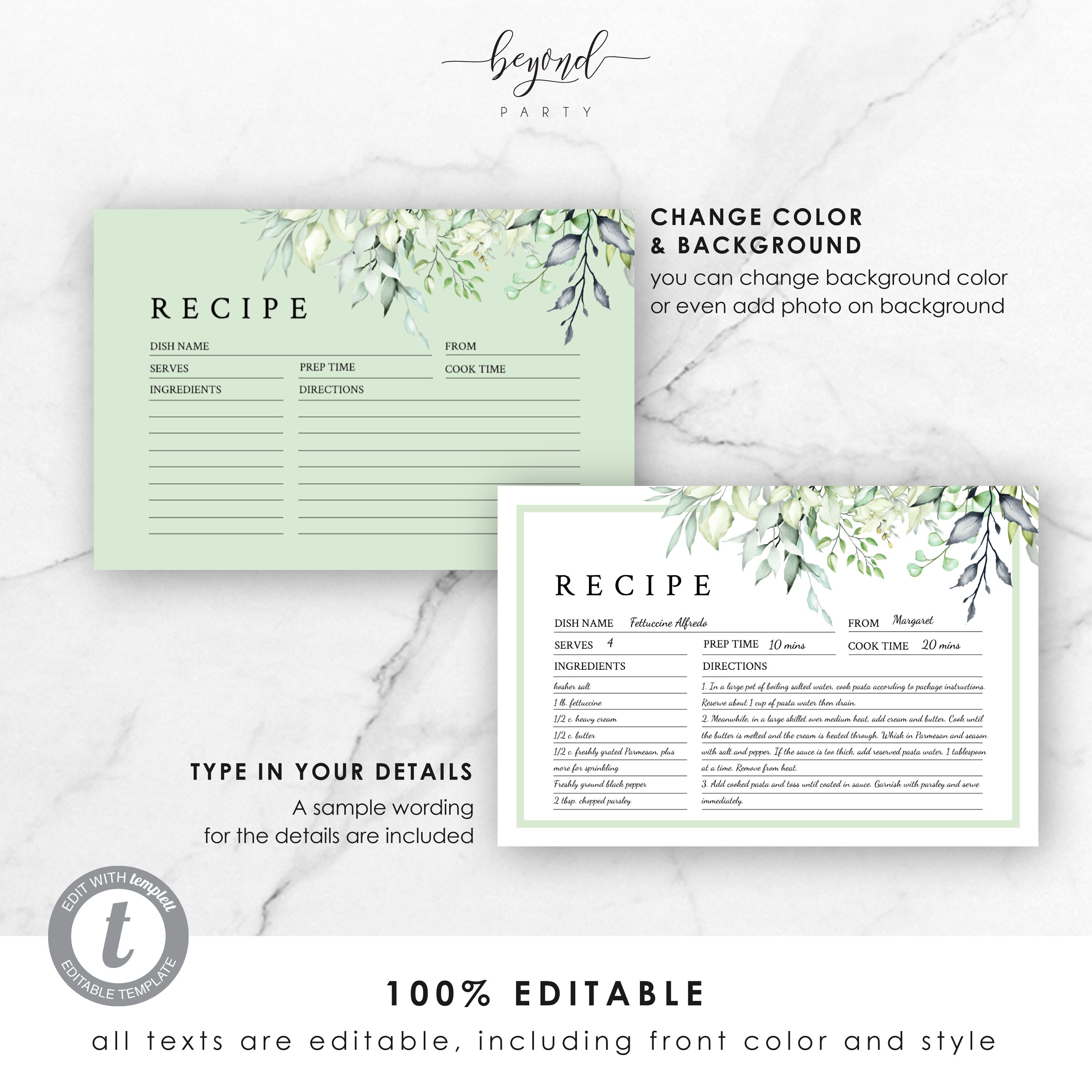 Recipe Card Watercolor Green Leaves 4x6 Editable Instant Download ...