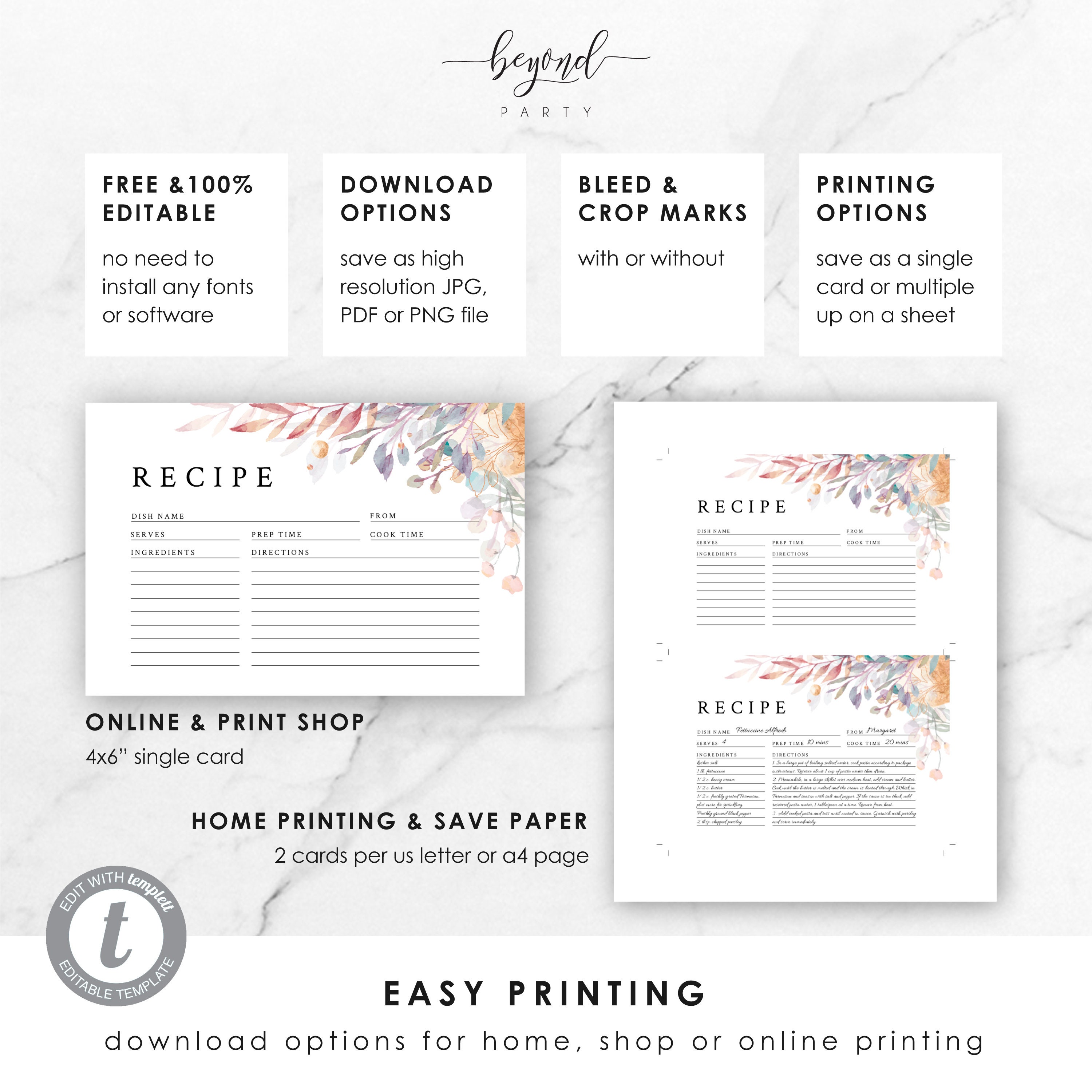 Recipe Card Watercolor Flower 4x6 Editable Instant - Etsy