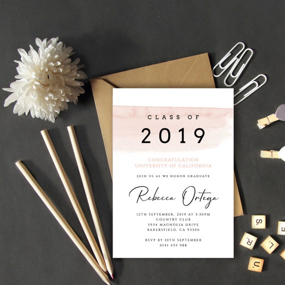 Graduation Invitation Watercolour Pink Brush 5x7 Editable | Etsy