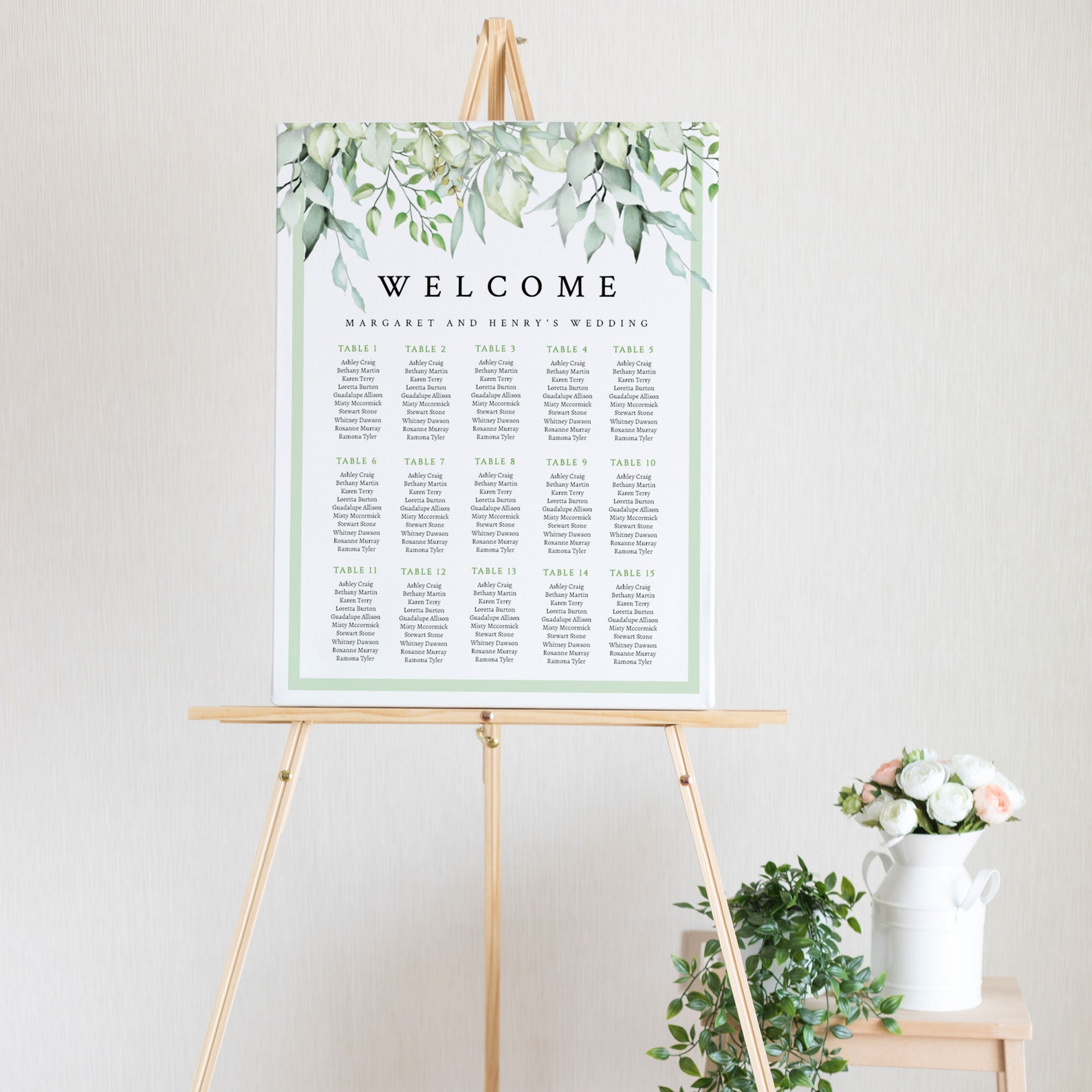 Seating Chart Wedding Watercolor Green Leaves 8x10, 18x24 and 24x36 ...