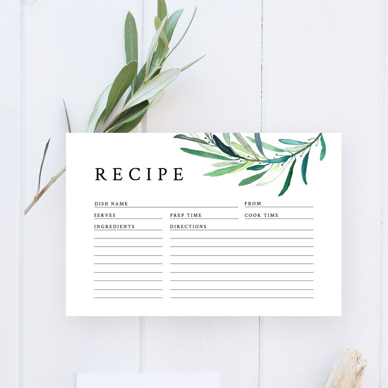 Recipe Card Green Leaves 4x6 Editable Instant Download Template ...