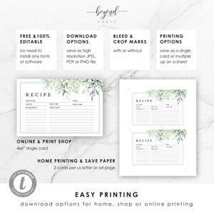 Recipe Card Watercolor Green Leaves 4x6 Editable | Etsy