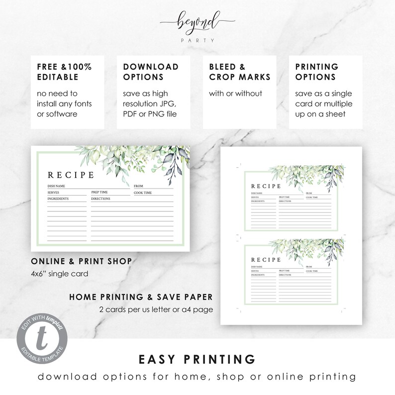 Recipe Card Watercolor Green Leaves 4x6 Editable - Etsy