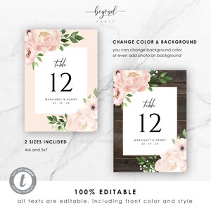 Table Number Card Watercolor Pink Flower 4x6 & 5x7 - Etsy