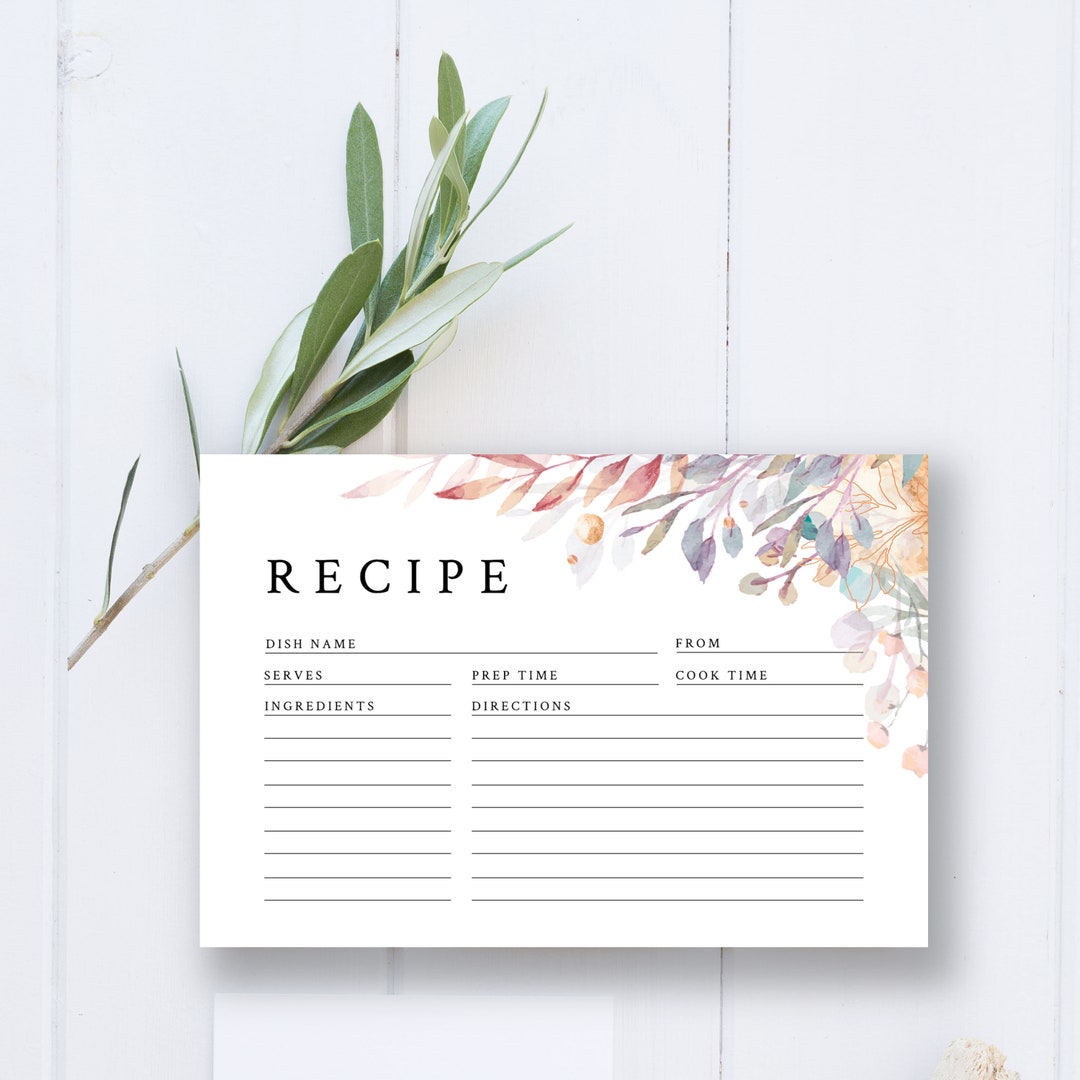 Recipe Card | Watercolor Flower | 4x6 | Editable | Instant Download ...