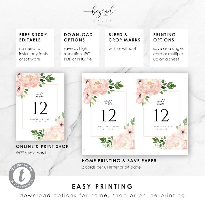 Table Number Card Watercolor Pink Flower 4x6 & 5x7 - Etsy