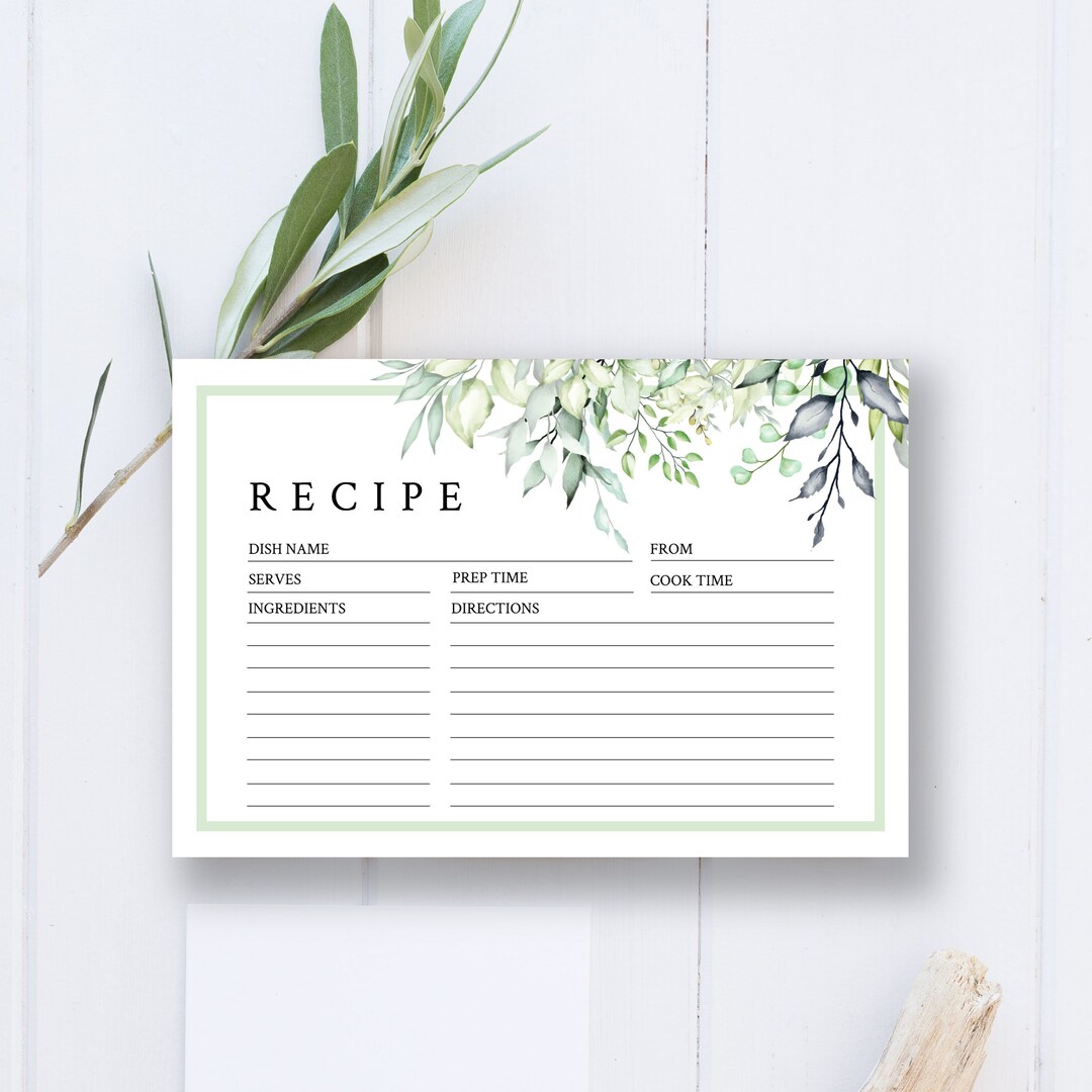Recipe Card Watercolor Green Leaves 4x6 Editable Instant Download ...