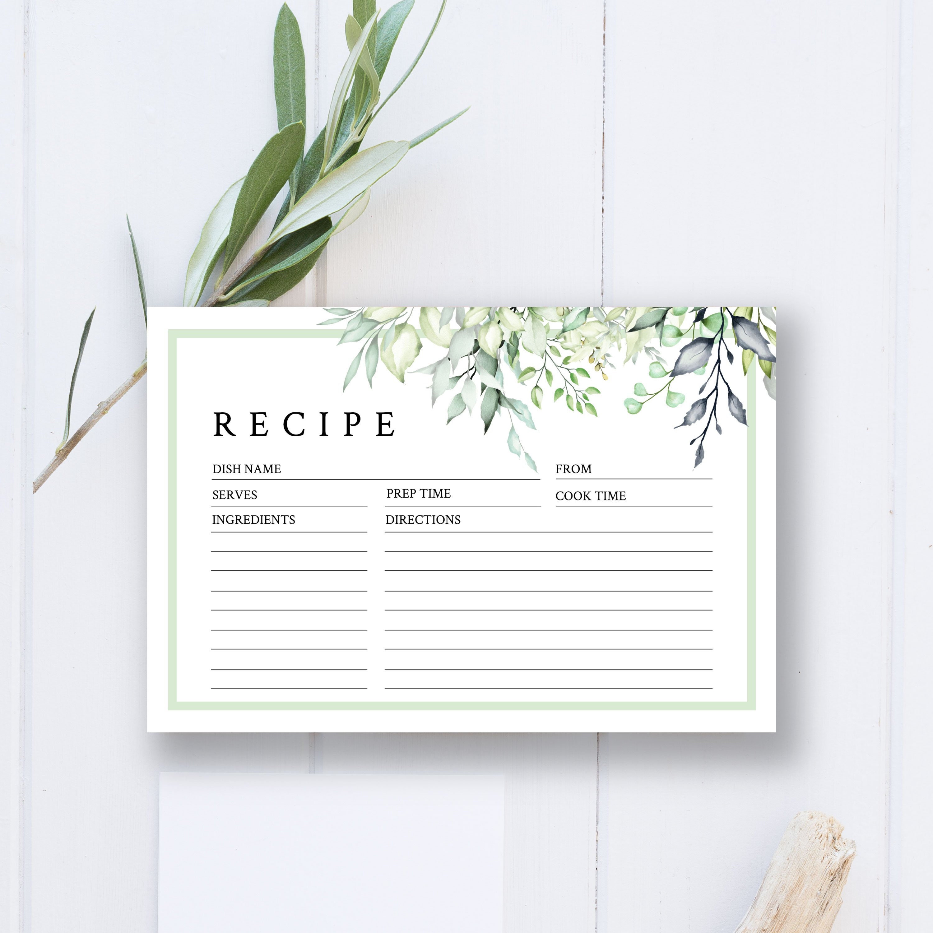 Recipe Card Watercolor Green Leaves 4x6 Editable Instant Download ...