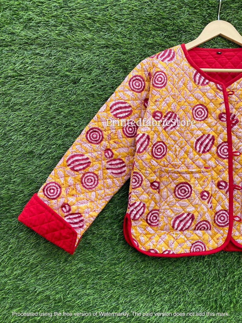 Red Flower on Yellow Base Printed Cotton Quilted Jacket - Indian ...