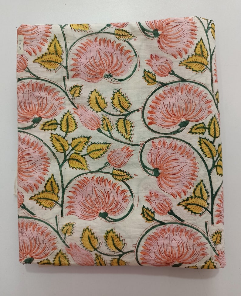 Hand Block Print Fabric, Pink and White Floral Indian Print Fabric ...