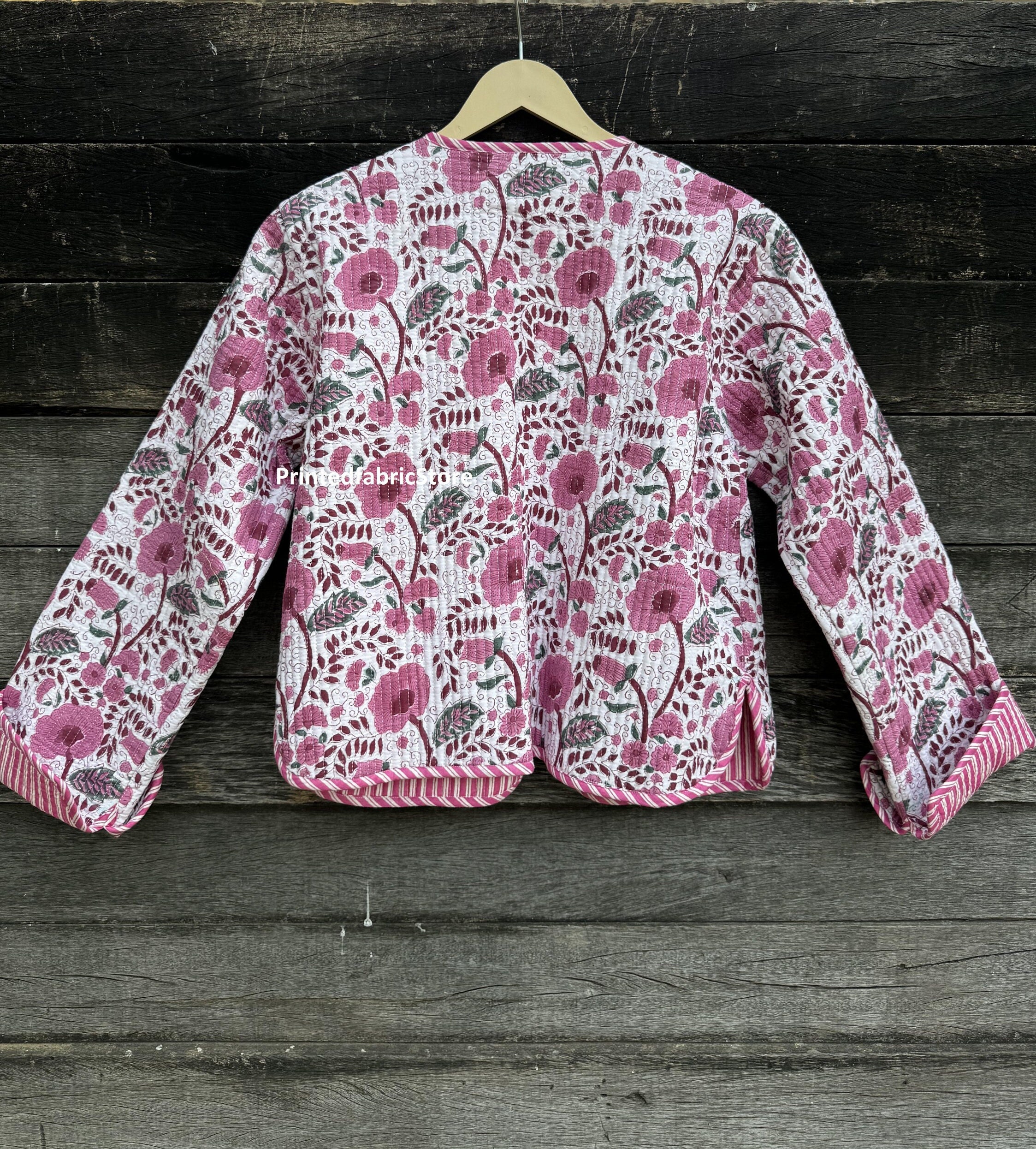 Pink Floral Hand Block Print Cotton Quilted Jacket - Indian Handmade ...