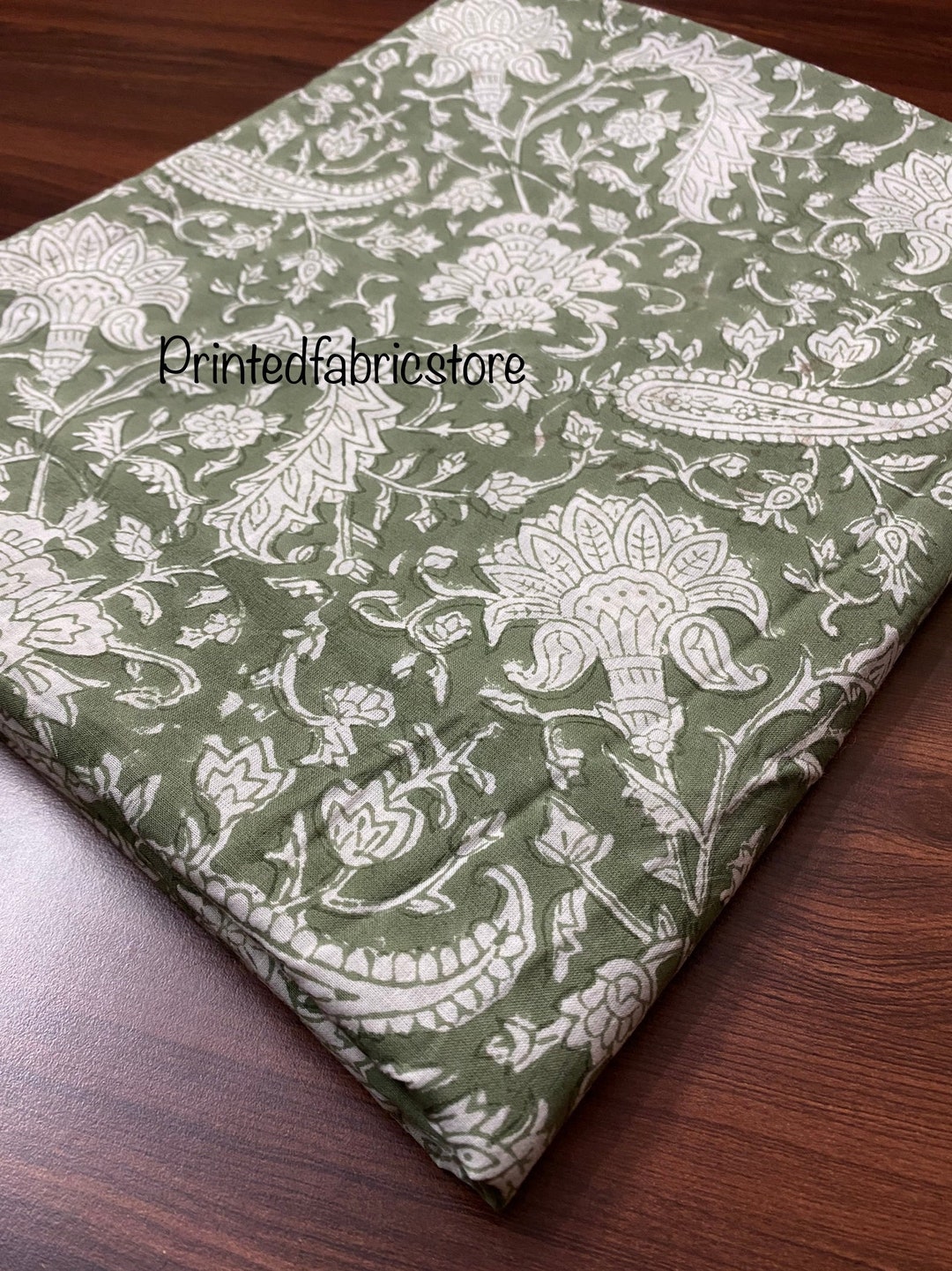 Green Floral Block Print Cotton Fabric, Indian Dressmaking Fabric by ...