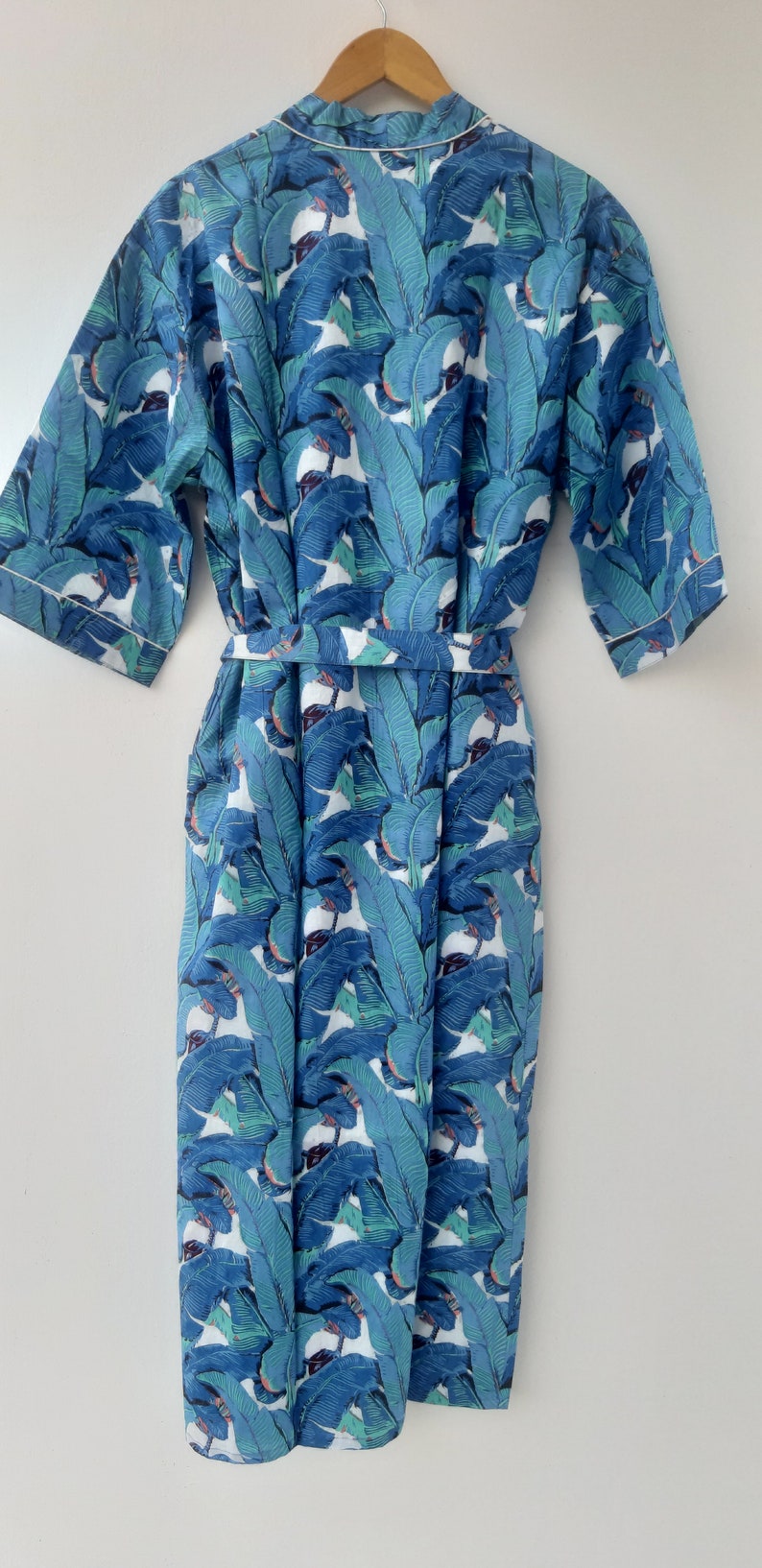 Royal Blue Leaf Print Cotton Kimono Robe, Floral Bathrobe - Etsy