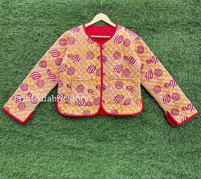 Red Flower on Yellow Base Printed Cotton Quilted Jacket - Indian ...