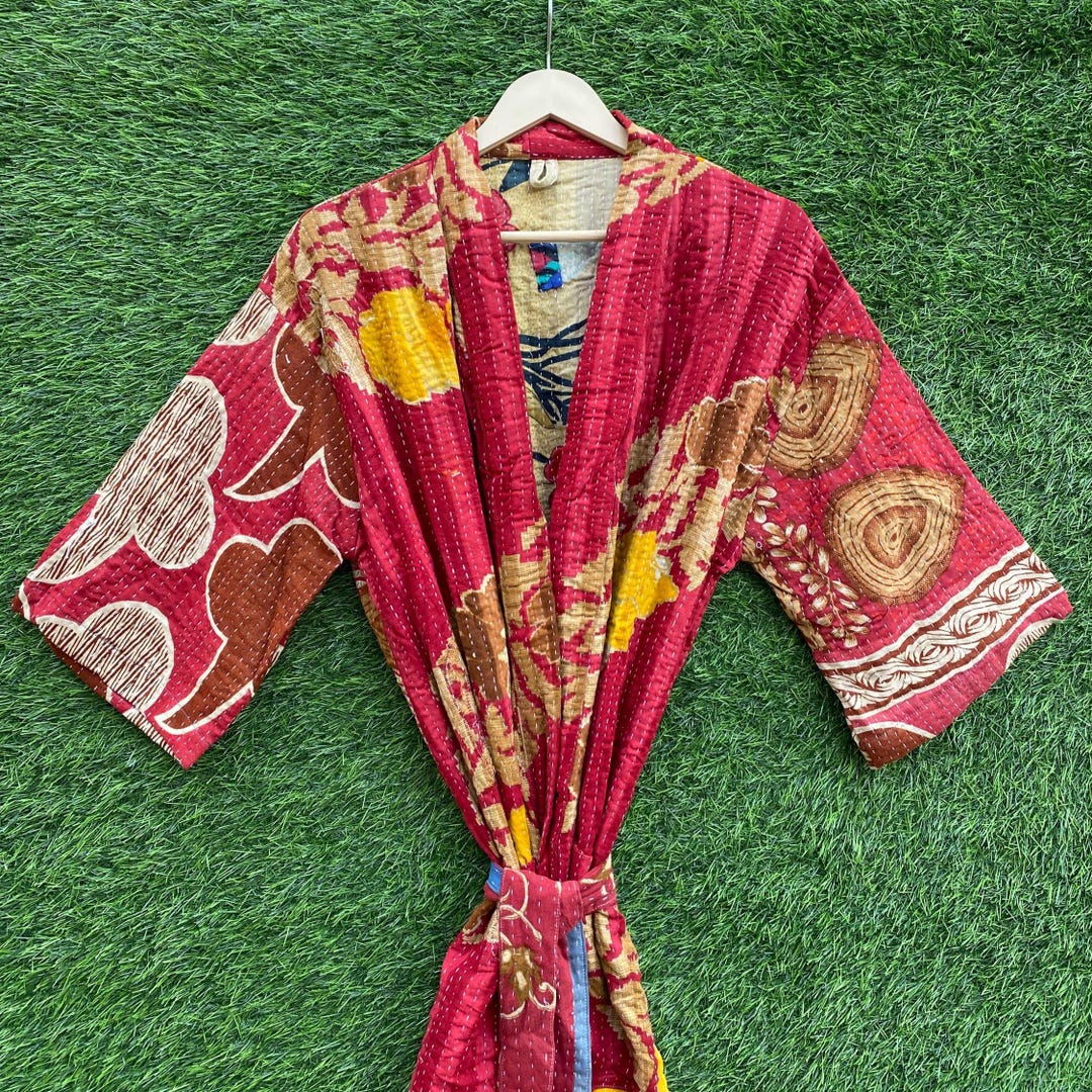 Red Multi Vintage Kantha Kimono Robe Handmade Kantha Quilted Cotton ...