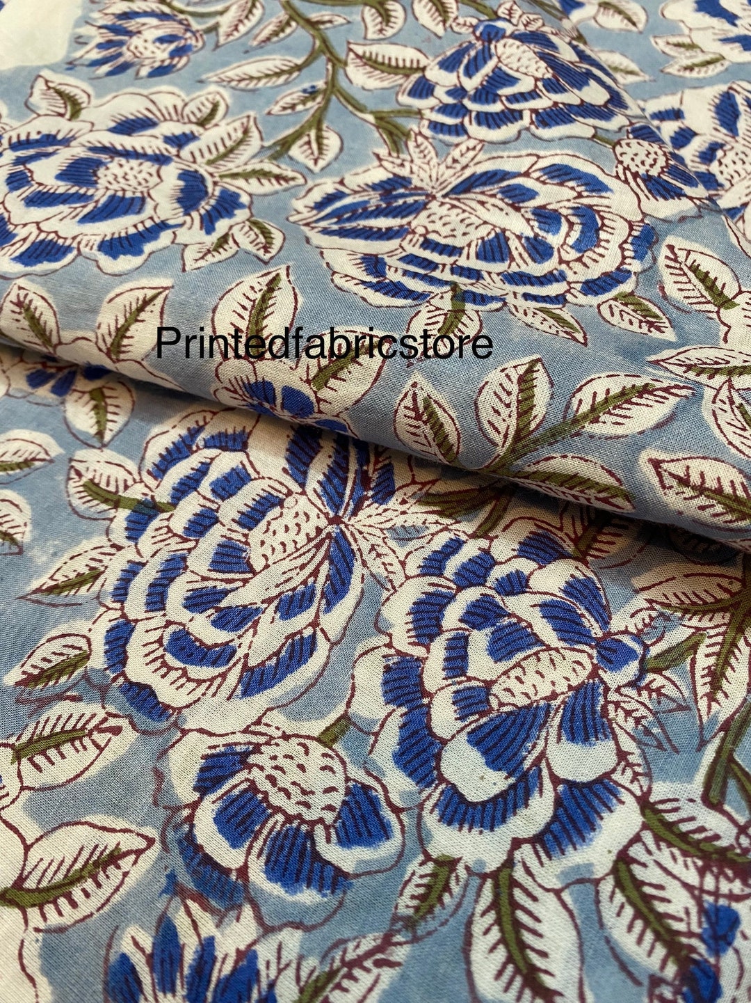 Hand Block Printed Blue Floral Cotton Fabric, Apparel Sewing by the ...