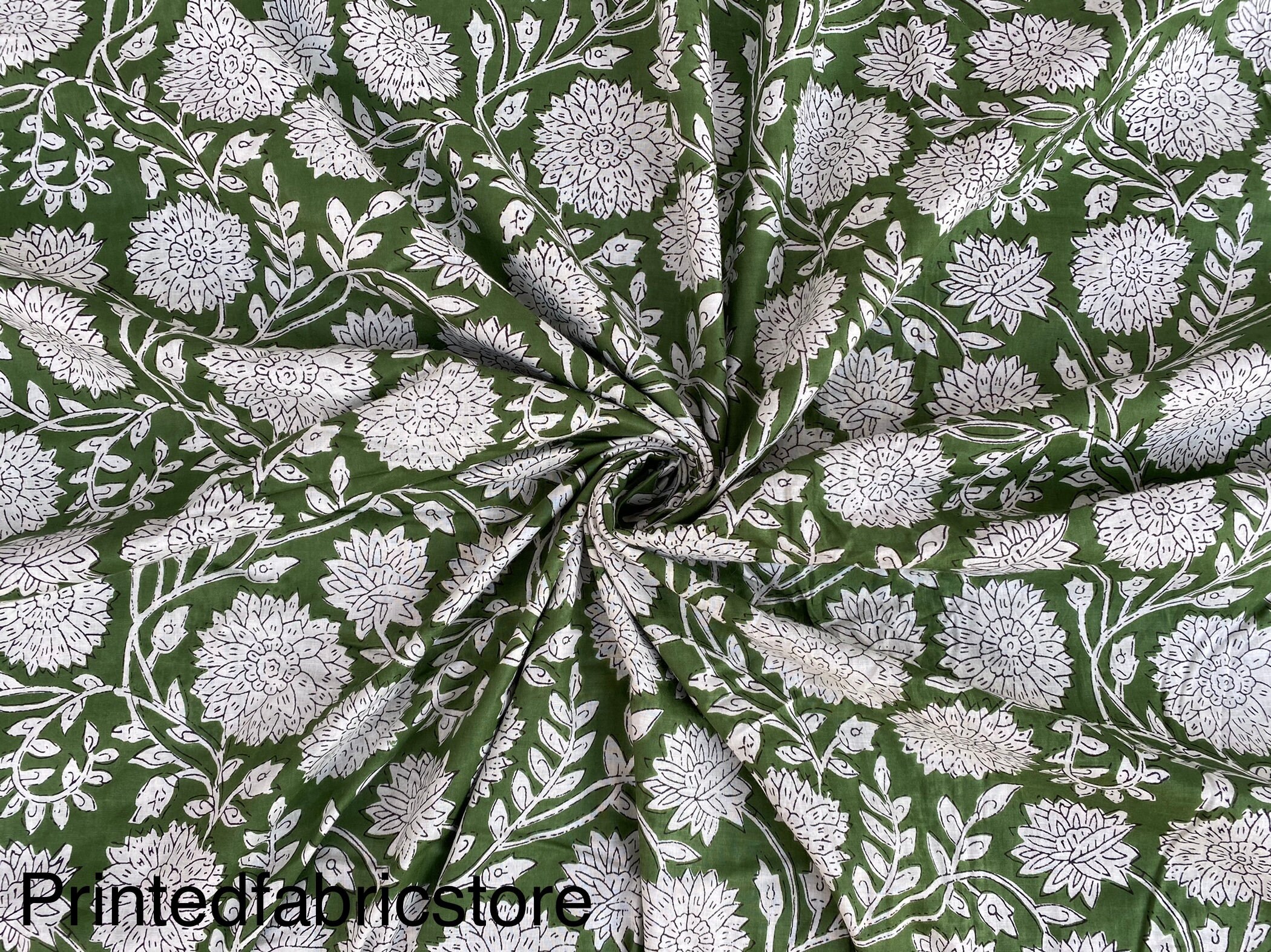 Green Floral Block Print Cotton Fabric, Indian Dressmaking Material - Etsy