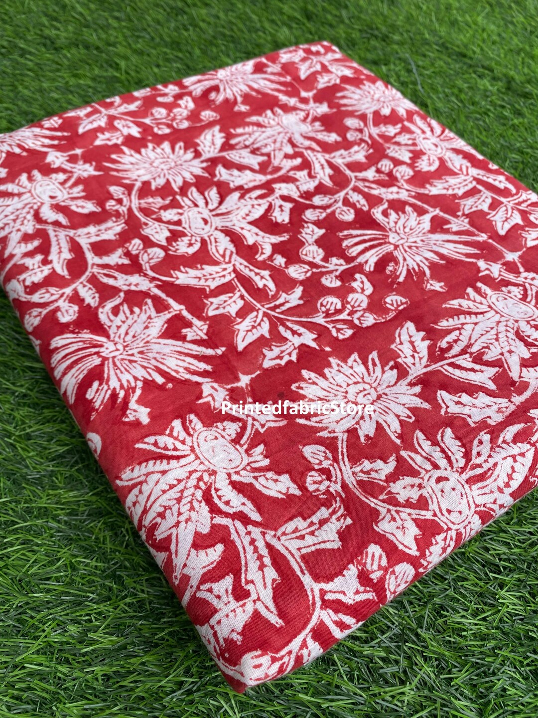 Floral Block Print Cotton Fabric, Natural Dye Quilting Material by the ...