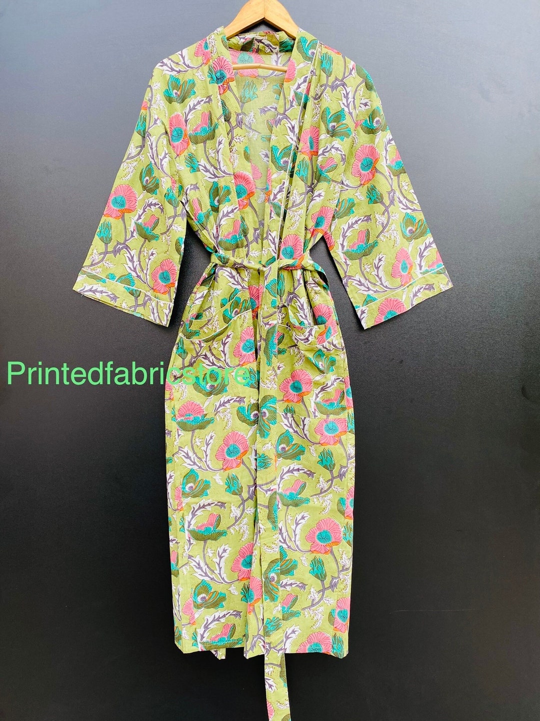 Green Kimono Robe Ladies Dressing Gown-hand Printed 100% Light ...