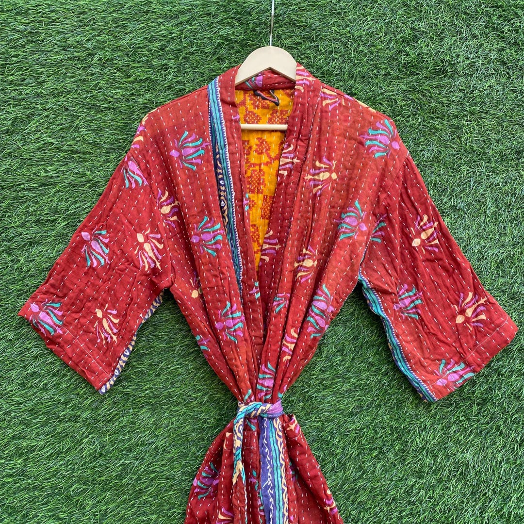 Red Vintage Inspired Kantha Robe - Upcycled Cotton Hand Quilt One Size ...