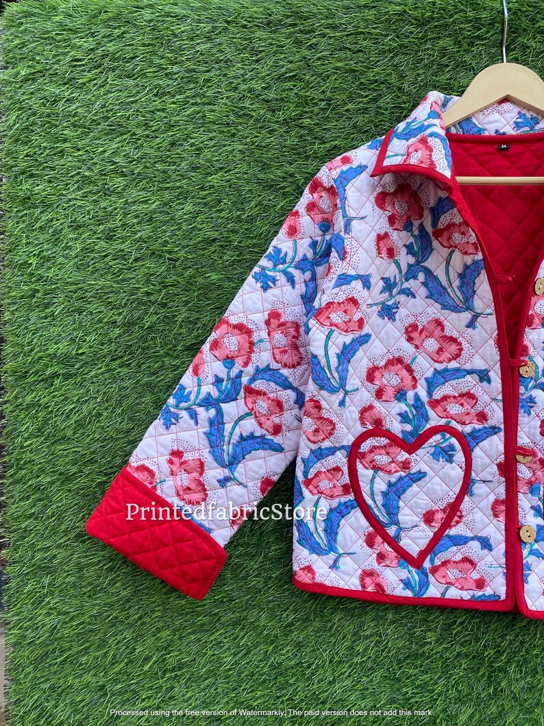 Handmade Cotton Quilted Jacket Hand Block Red Flower Print Jacket ...