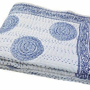 Indian Block Print Kantha Throw Quilt Bedspread Kantha Blanket Handmade ...