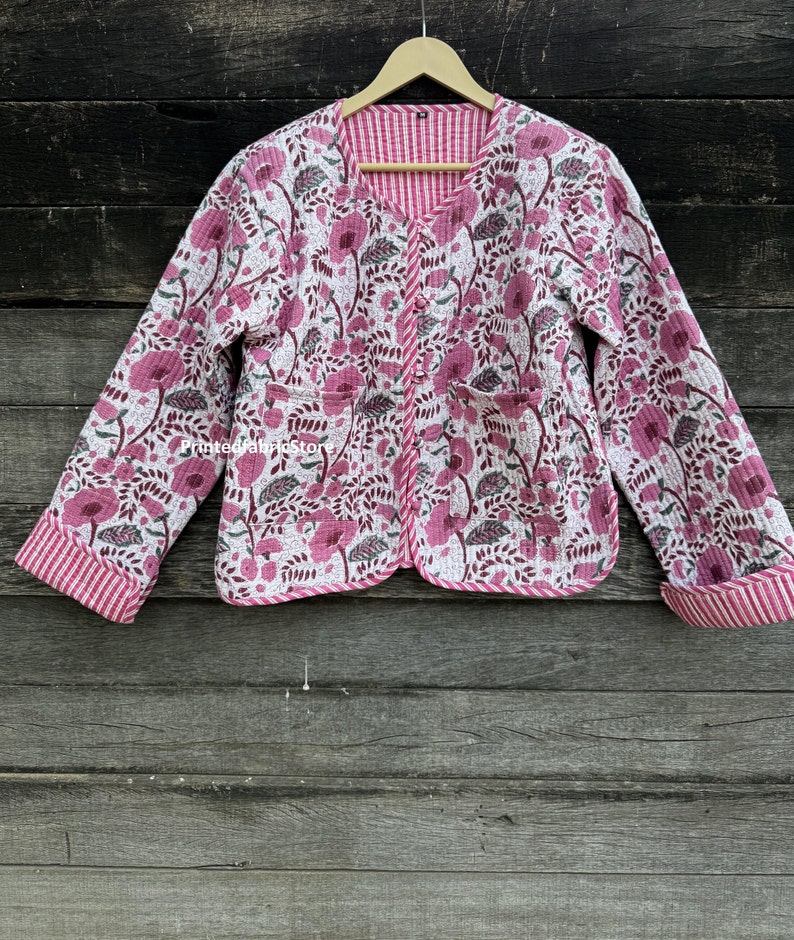 Pink Floral Hand Block Print Cotton Quilted Jacket - Indian Handmade ...