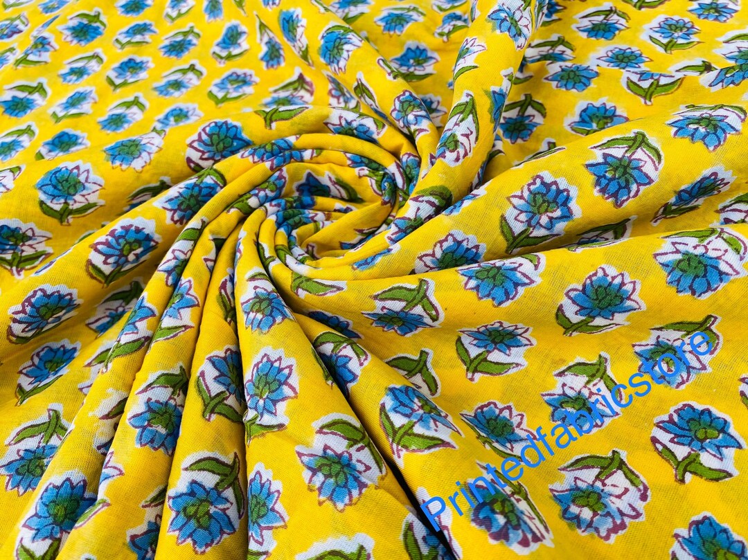 Yellow Cotton Buti Flower Print Fabric, Indian Cotton Fabric, Hand ...