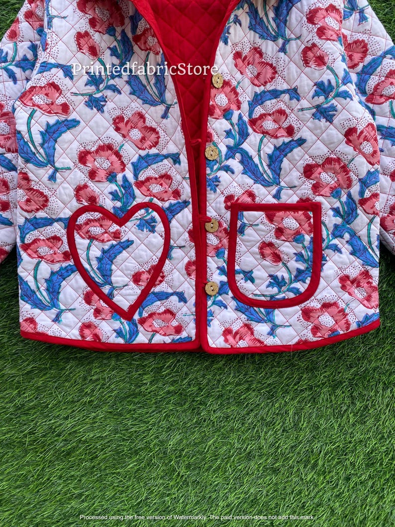 Handmade Cotton Quilted Jacket Hand Block Red Flower Print Jacket ...