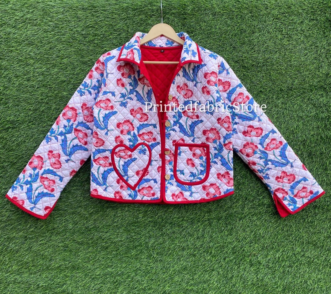 Handmade Cotton Quilted Jacket Hand Block Red Flower Print Jacket ...