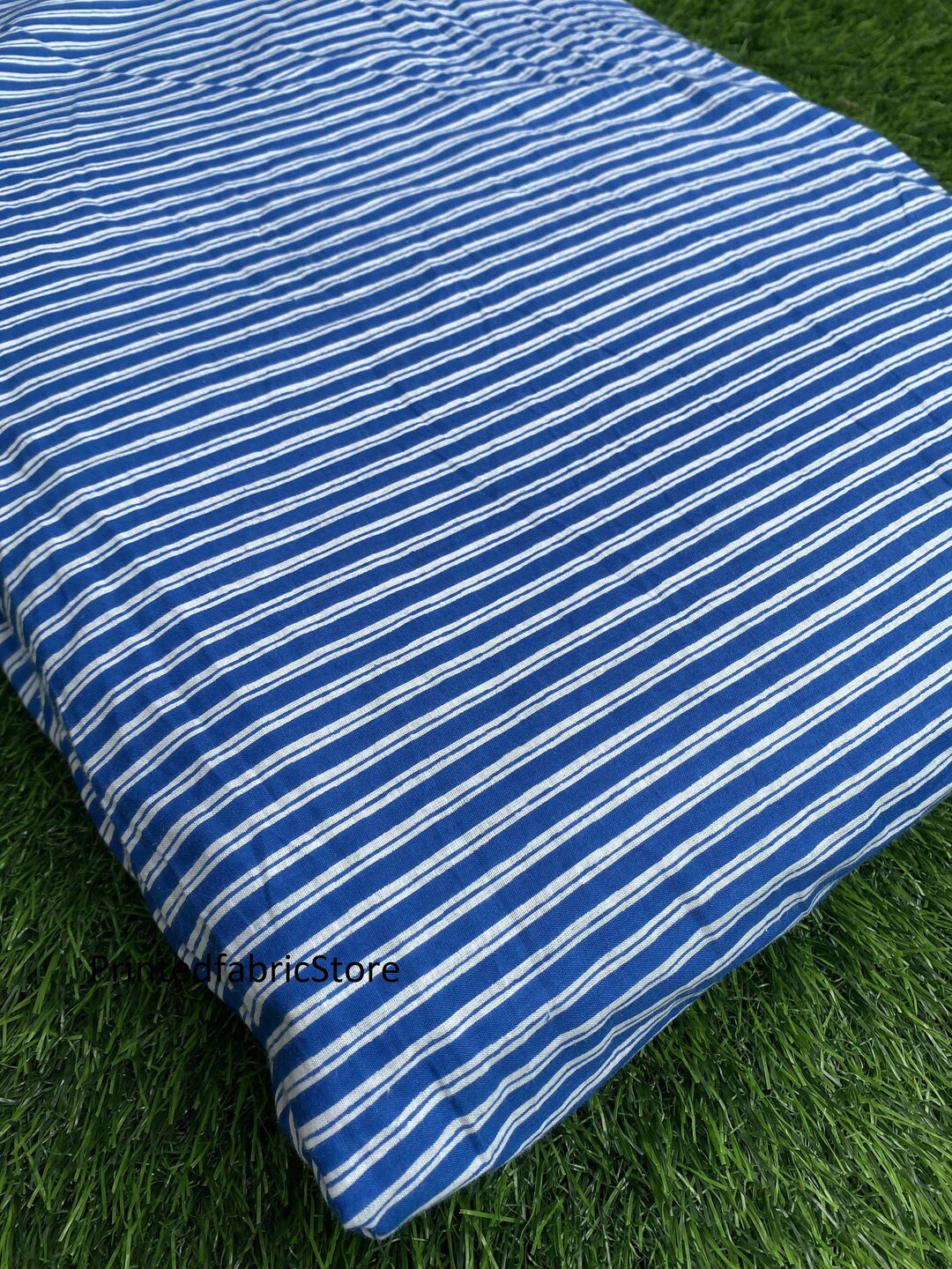 Blue Striped Block Print Cotton Fabric, Natural Dye Voile by Yard - Etsy