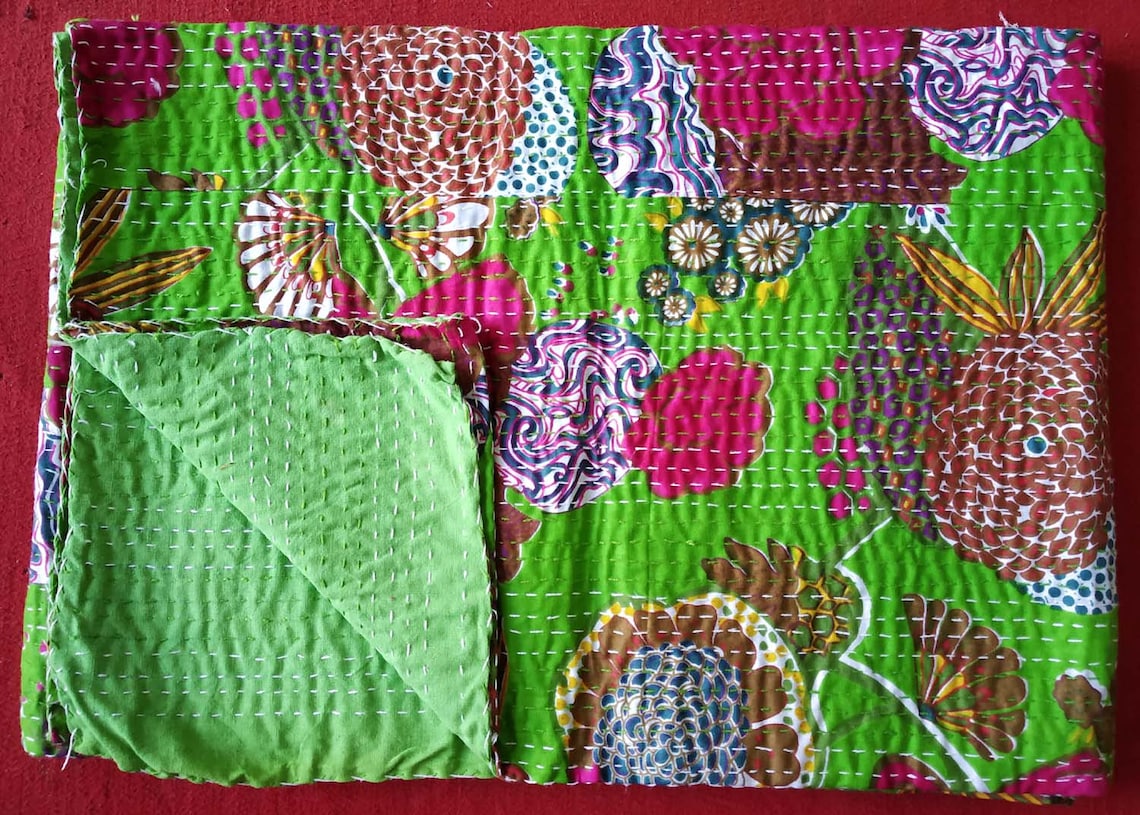 Indian Kantha Quilt, Fruit Print, Bohemian Cotton Bedspread - Etsy