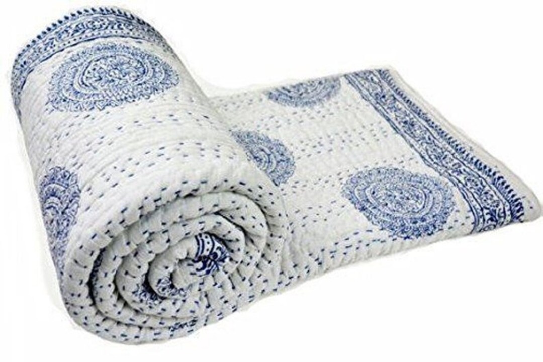 Indian Block Print Kantha Throw Quilt Bedspread Kantha Blanket Handmade ...