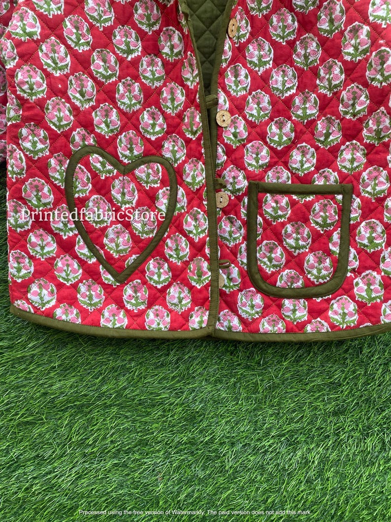 Handmade Red Cotton Quilted Jacket - Hand Block Pink Floral Printed ...