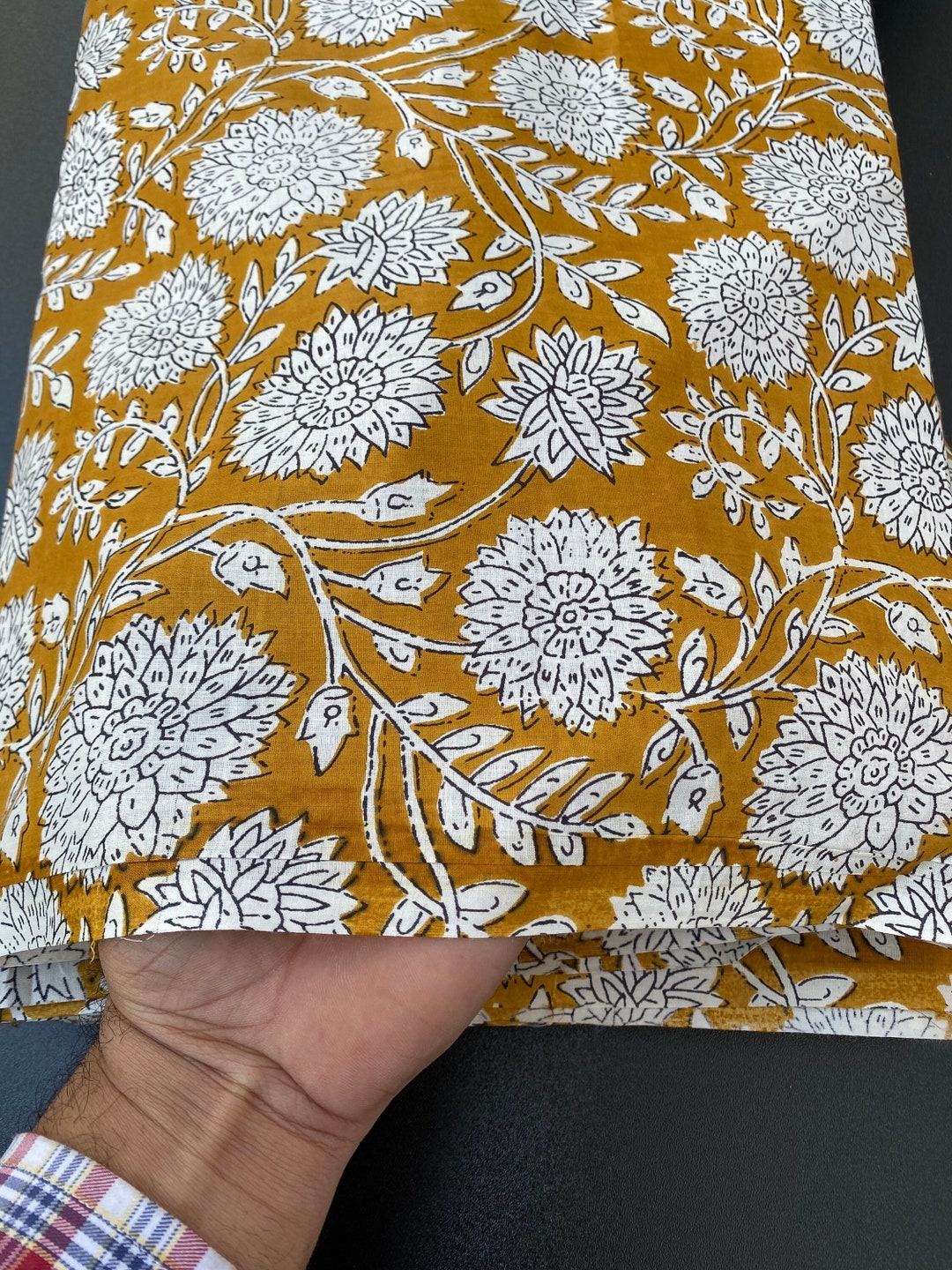 Mustard Floral Print Block Print Fabric, Indian Cotton Fabric ...