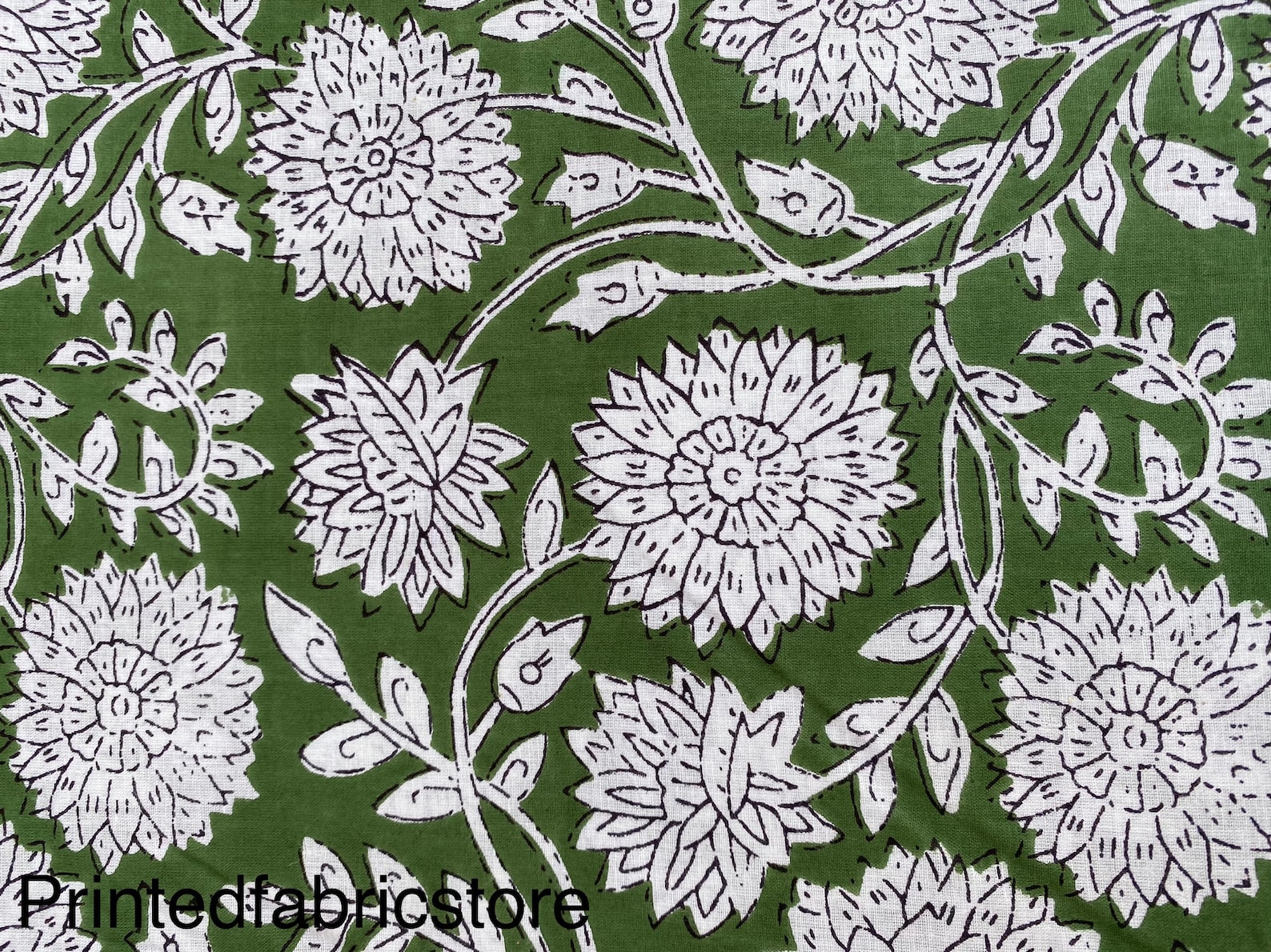 Green Floral Block Print Cotton Fabric, Indian Dressmaking Material - Etsy