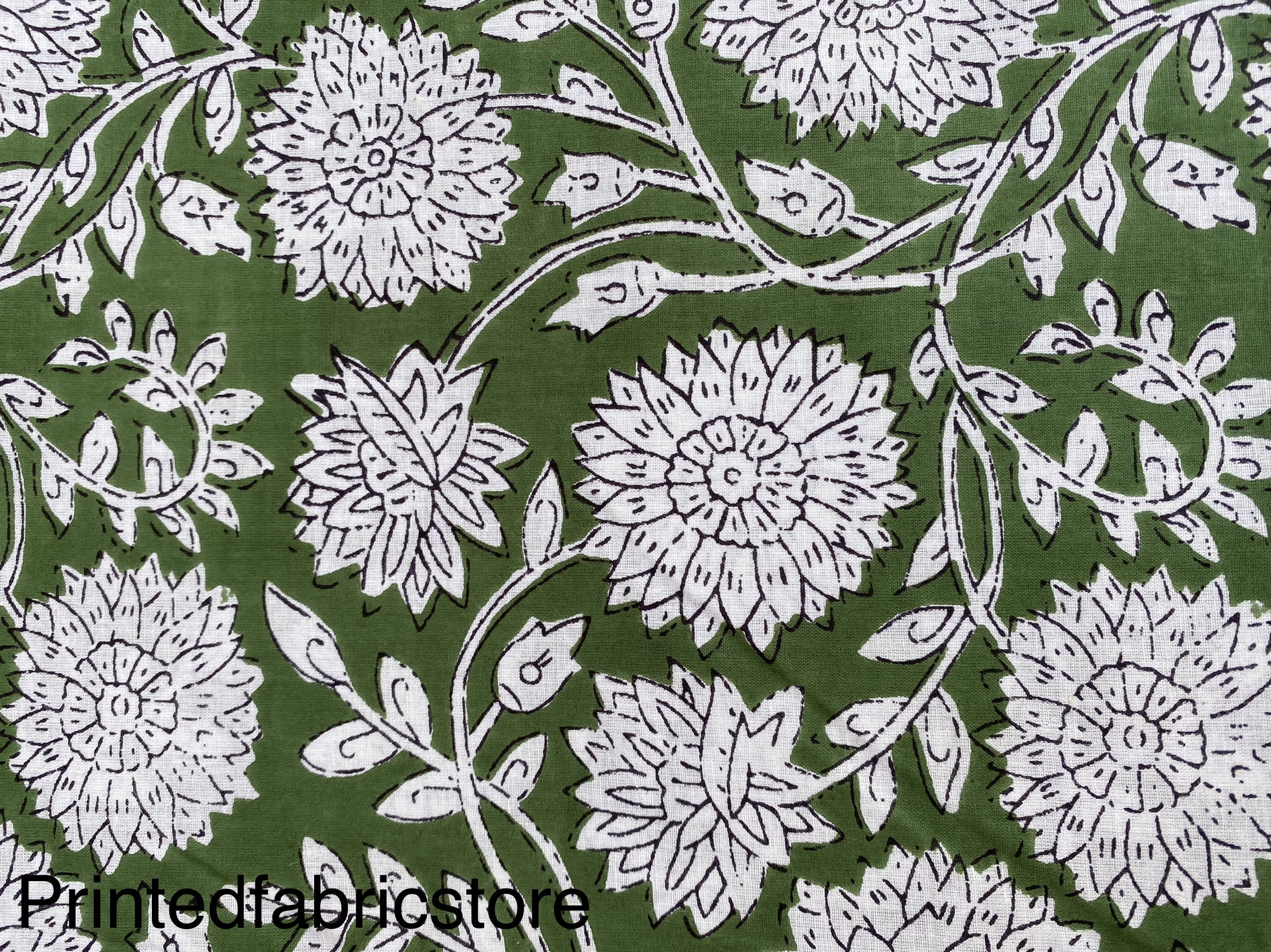 Green Floral Block Print Cotton Fabric, Indian Dressmaking Material - Etsy