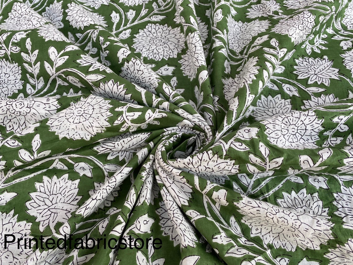 Green Floral Print Block Print Fabric Indian Cotton Fabric | Etsy