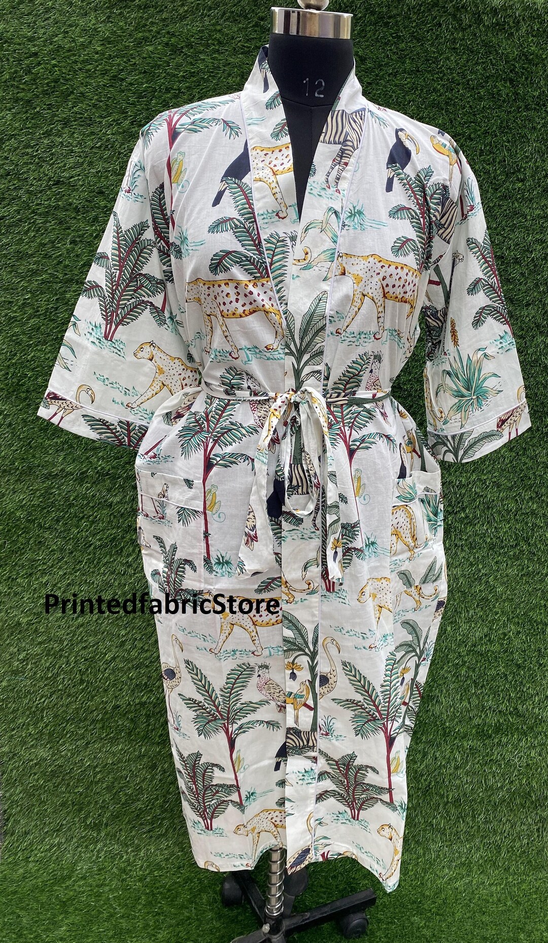 White Animal Print Cotton Robe, Woman Kimono, Bikini Cover Up, Night ...