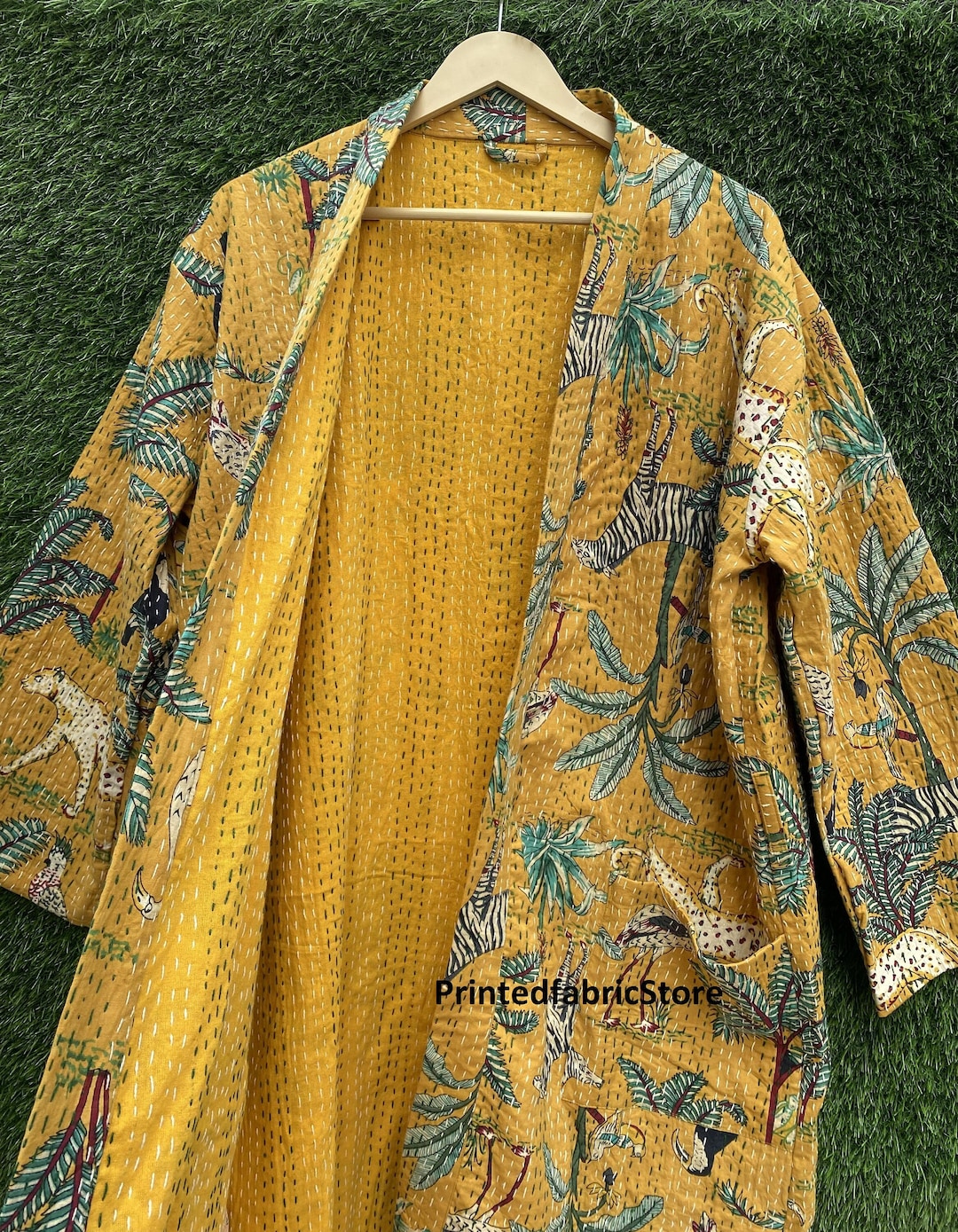 Printed Hand Stitched Kantha Jacket With Kimono Style Quilted Jacket ...